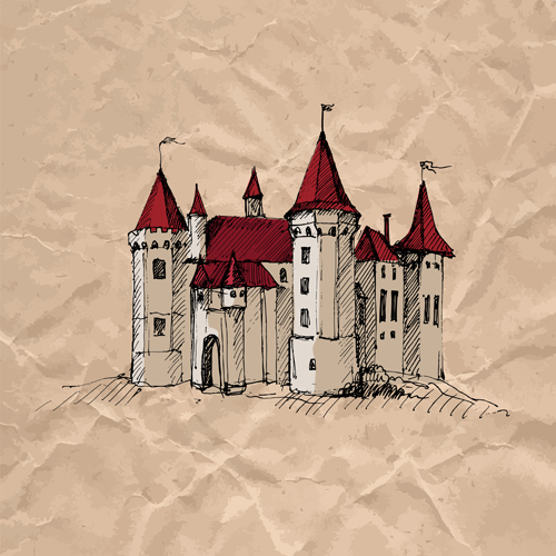 Hand drawn medieval buildings and crumpled paper vector 02 - WeLoveSoLo